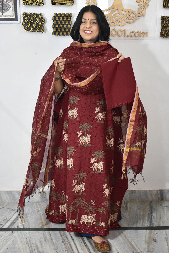 Elegant Hand Block print cotton suit with Schiffli work & Chanderi dup ...