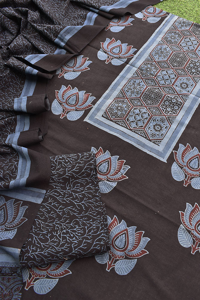Hand Block Print Ajrakh Cotton Suit With Designer Ajrakh Neck Yoke Pat