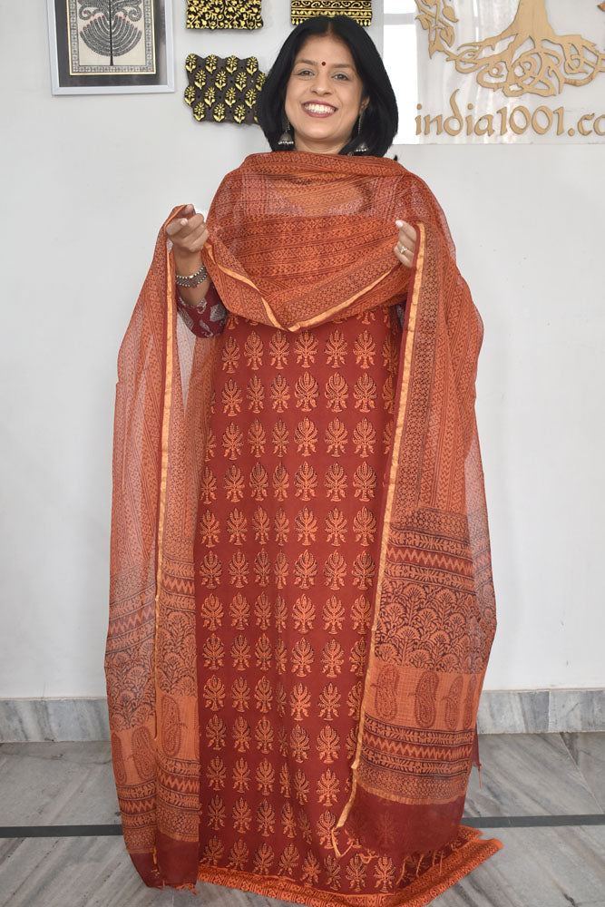 Classic Bagh Block Printed unstitched suit fabric with Kota Doria dupa ...